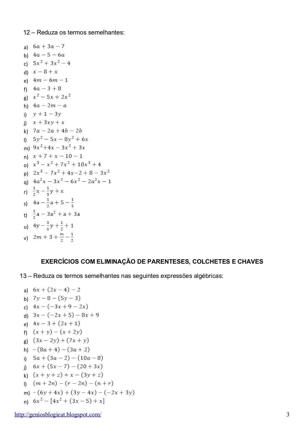 Exercicios Sobre Expressoes Algebricas 7 Ano - EDUKITA Exercicios Sobre Expressoes Algebricas 7 Ano - EDUKITA