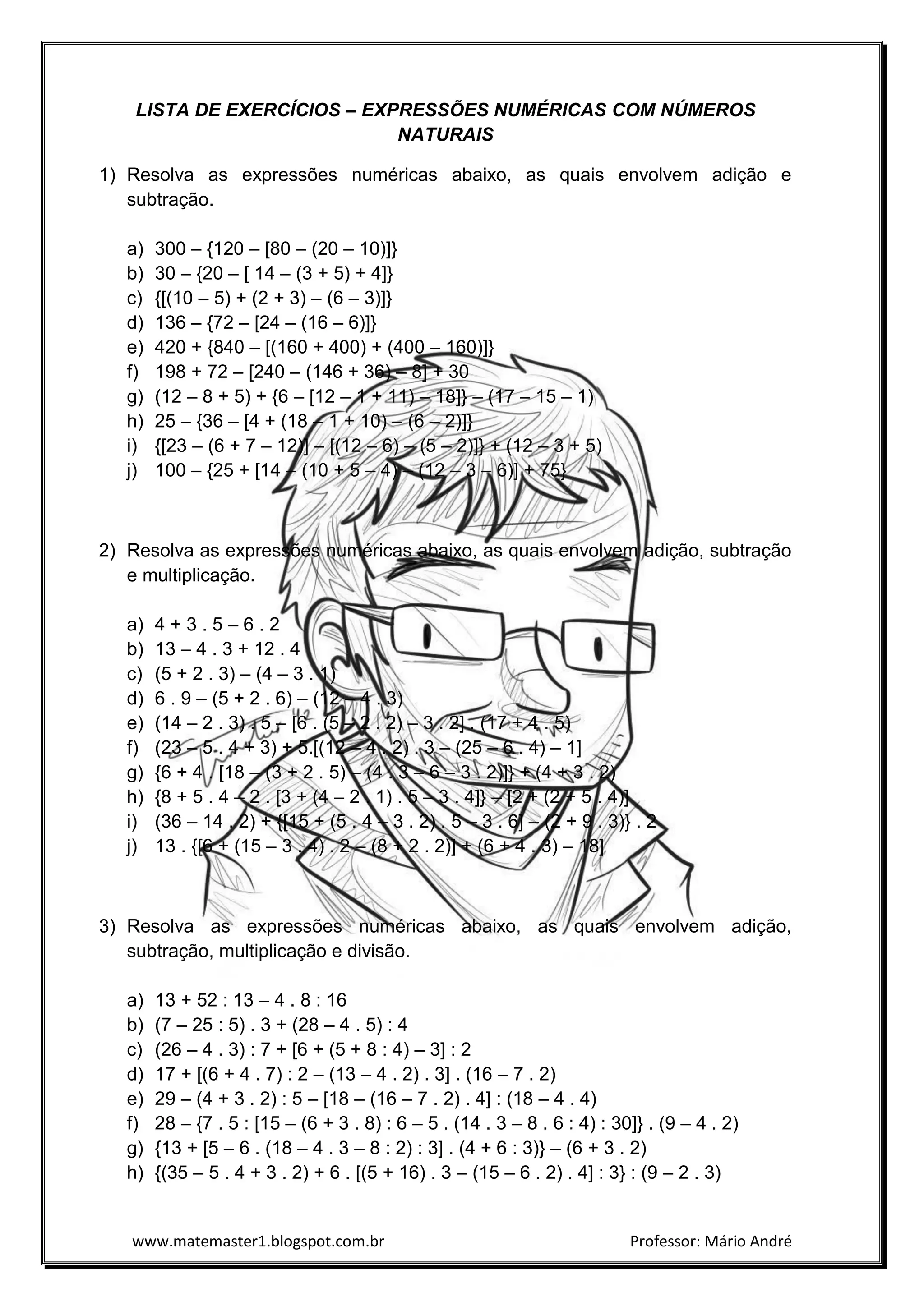 Lista de exercícios Expressões Numéricas com Números Naturais | PDF