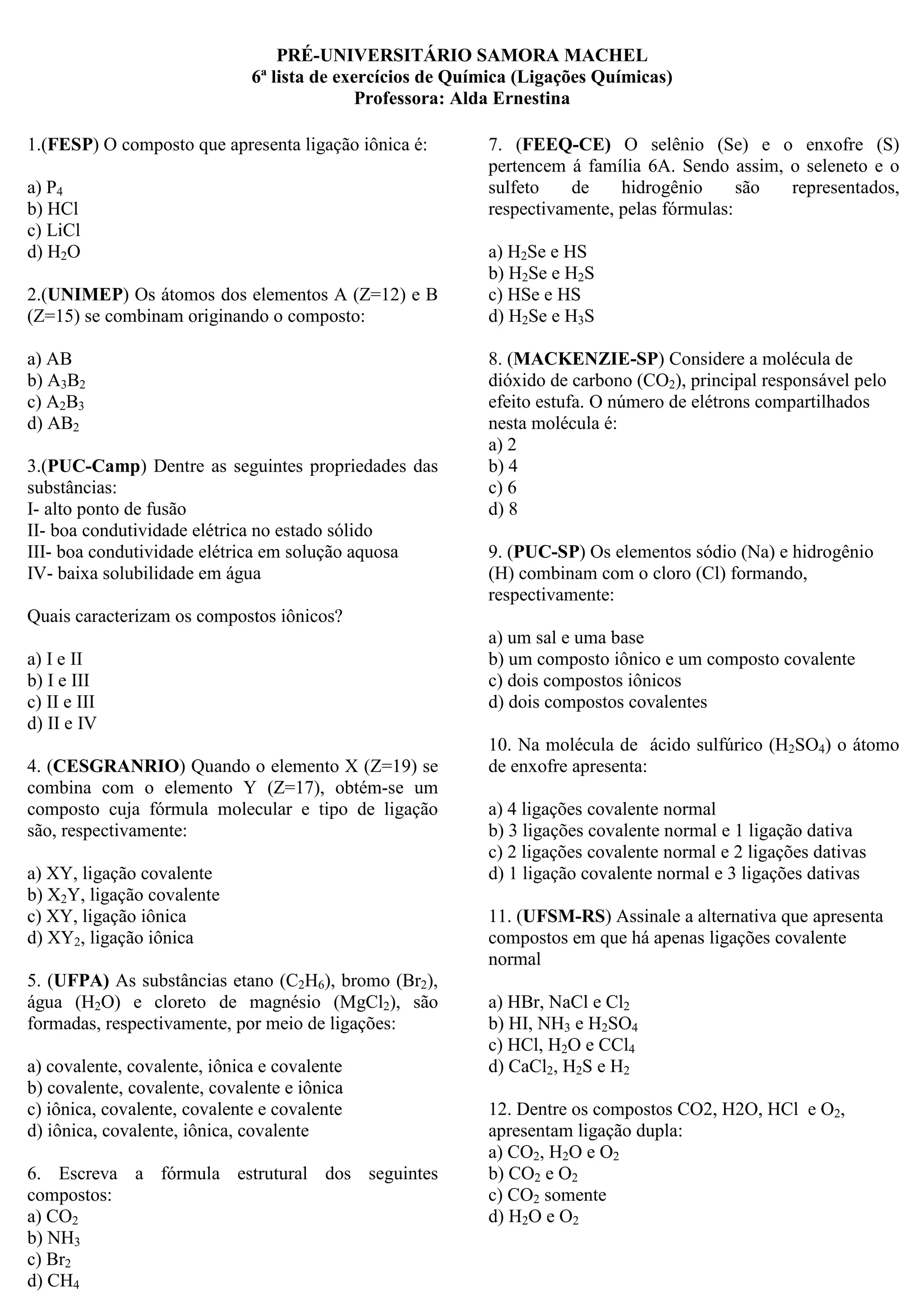 Ligações Químicas Exercícios Pdf - FDPLEARN