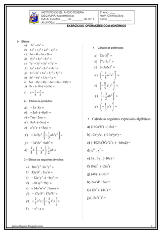 L ista de exercícios operacoes com monômios | PDF