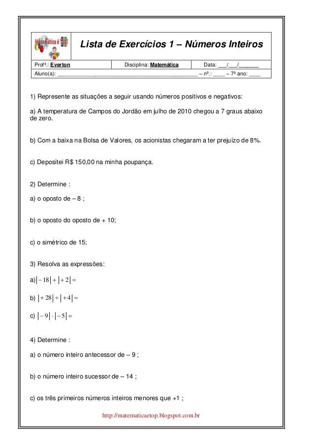 Lista de Exercícios 1 – Números Inteiros