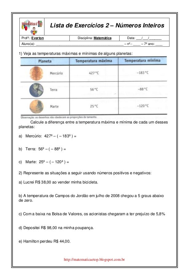 Lista de Exercícios 2 – Números Inteiros