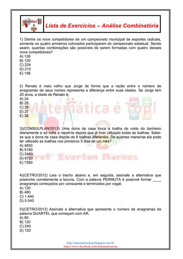 Lista de exercícios – Análise Combinatória | PDF