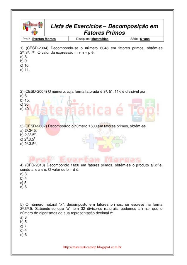 Lista De Exercícios Decomposição Em Fatores Primos