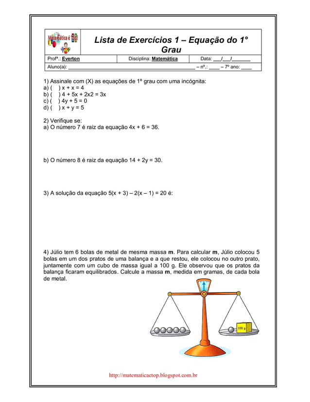 Lista de Exercícios – Equação do 1° grau | PDF | Science