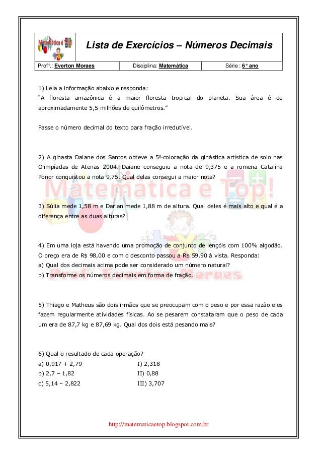 Lista de Exercícios – Números Decimais