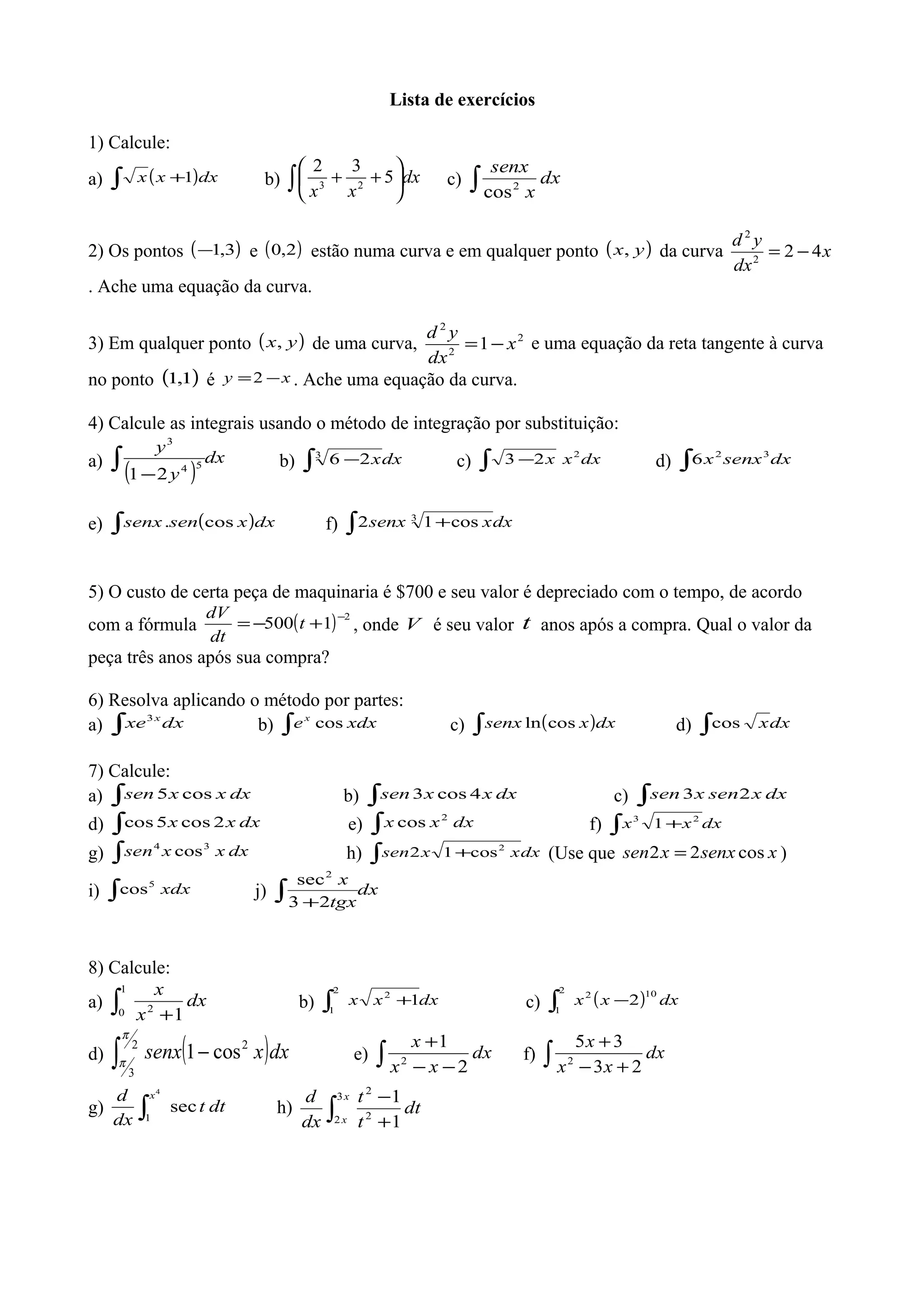 Lista de exercicio - Calculo 1 - Integral | DOC