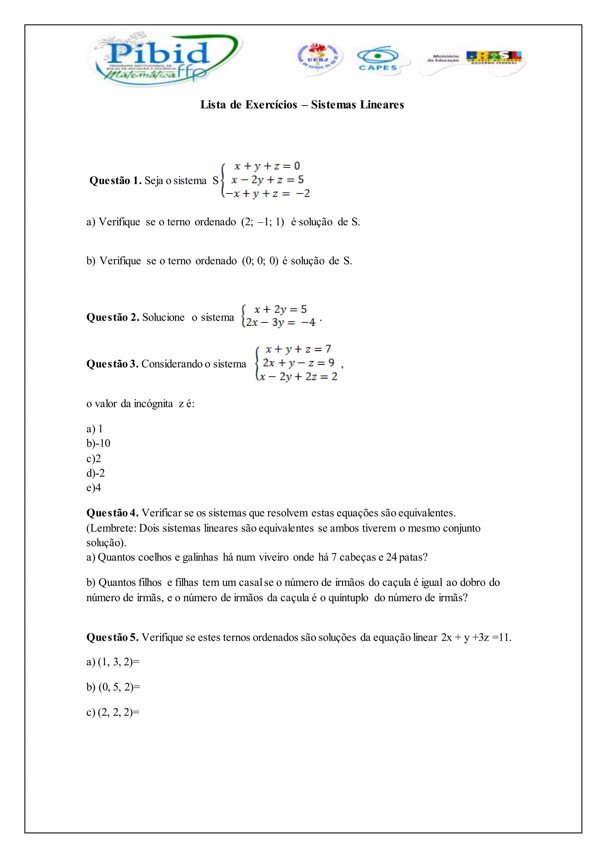 Lista de exercicios sistemas lineares | PDF