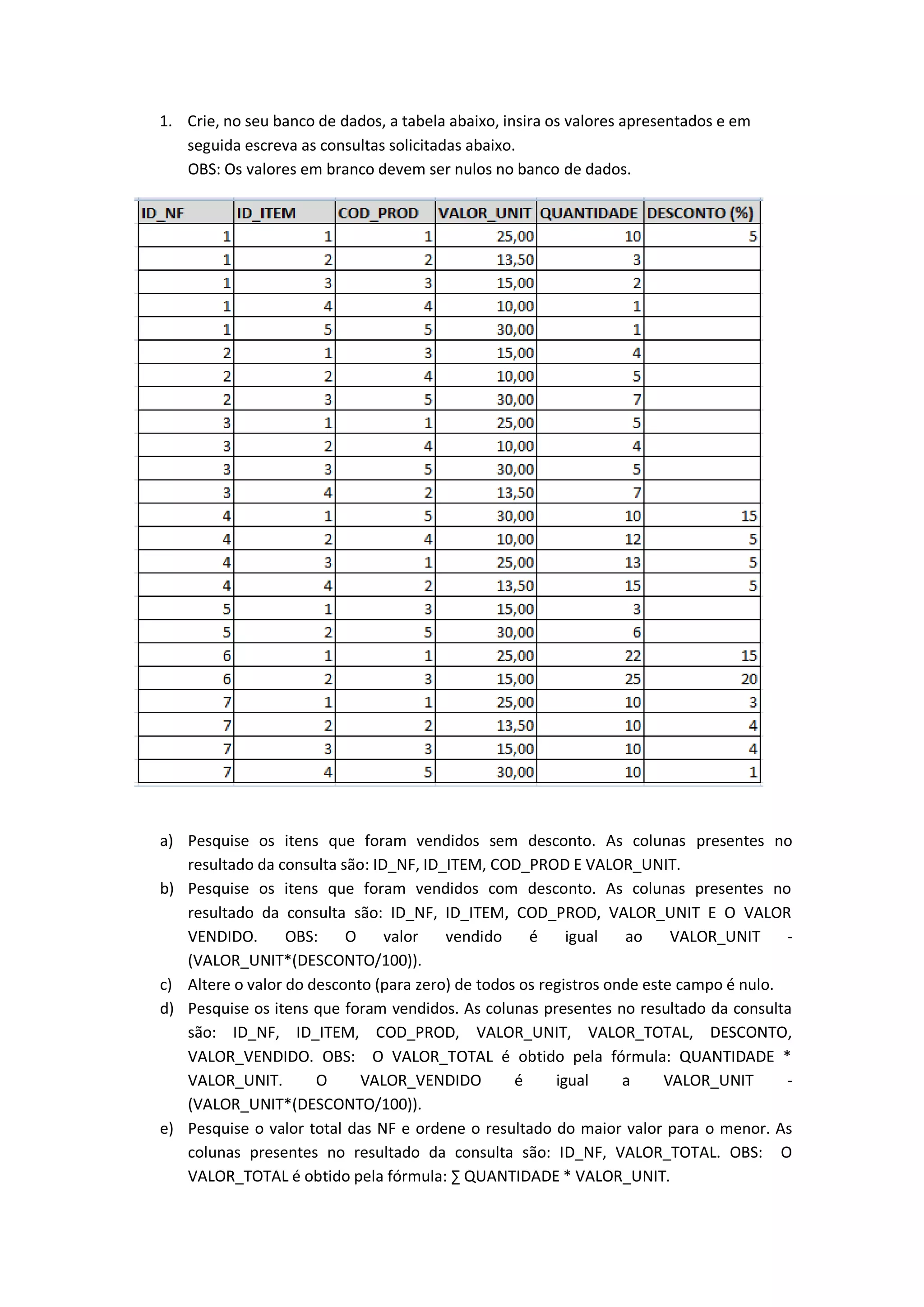 Lista de exercicios sql | PDF