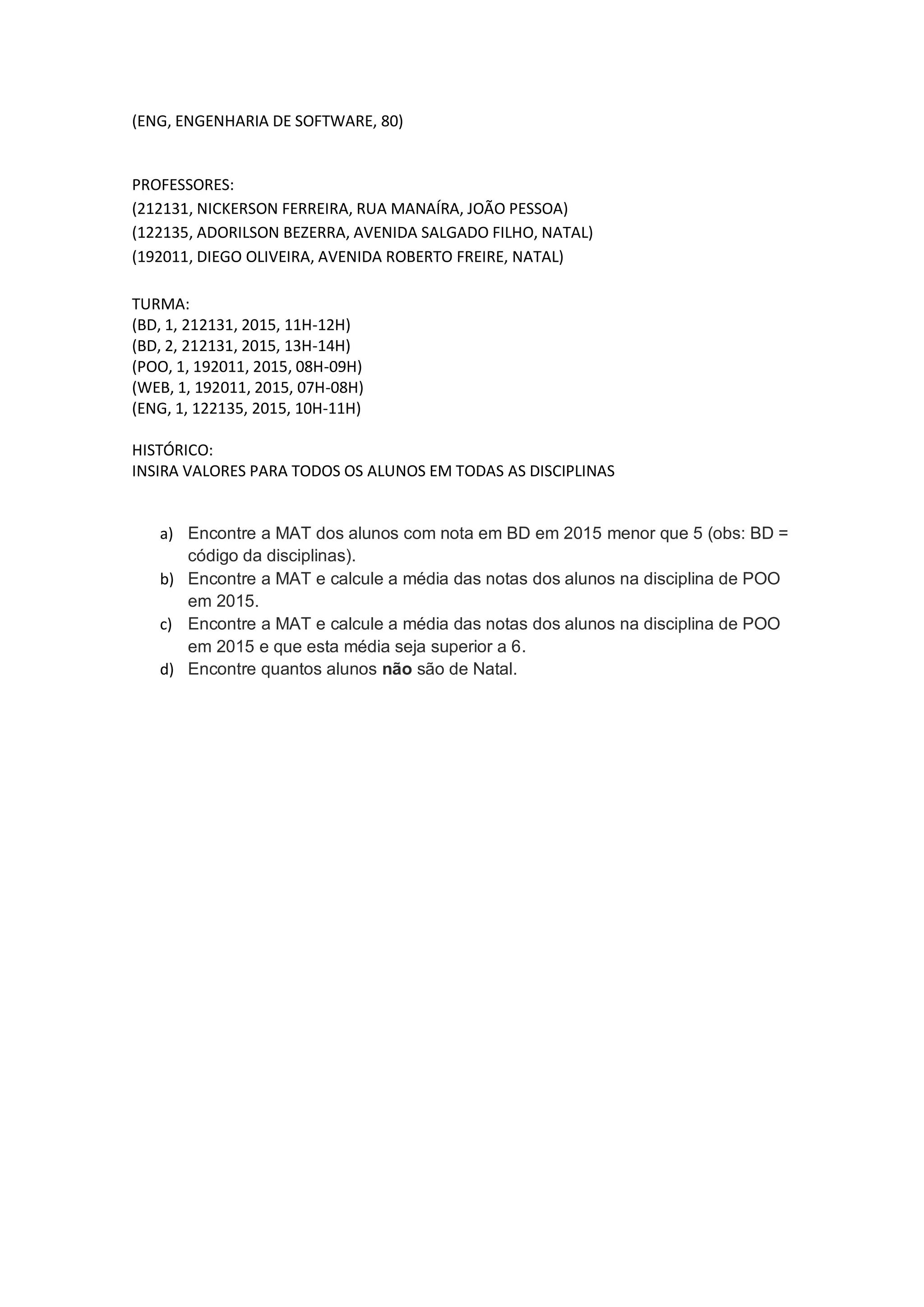 Lista de exercicios sql | PDF