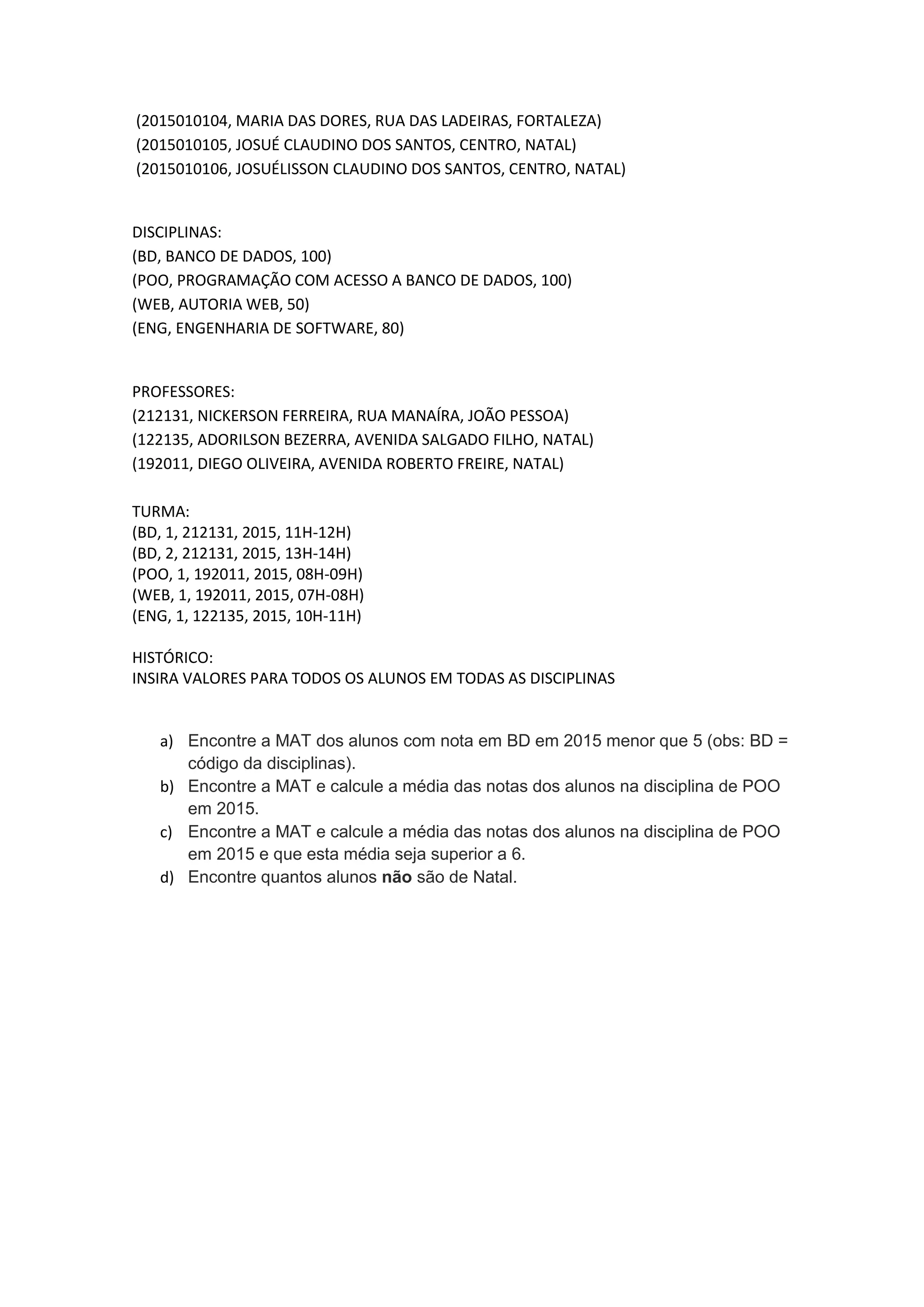Lista de exercicios sql | PDF