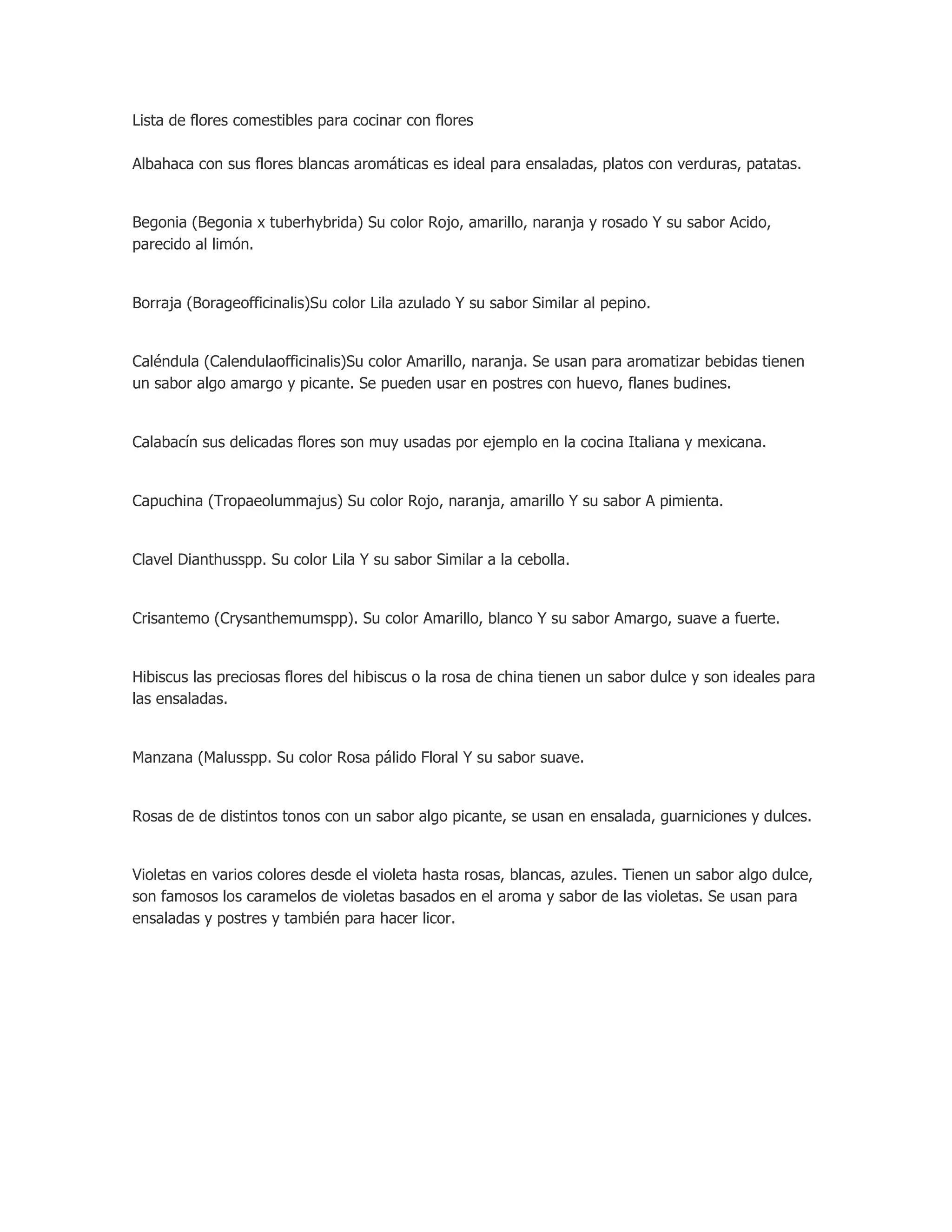 Lista de flores comestibles para cocinar con flores | PDF