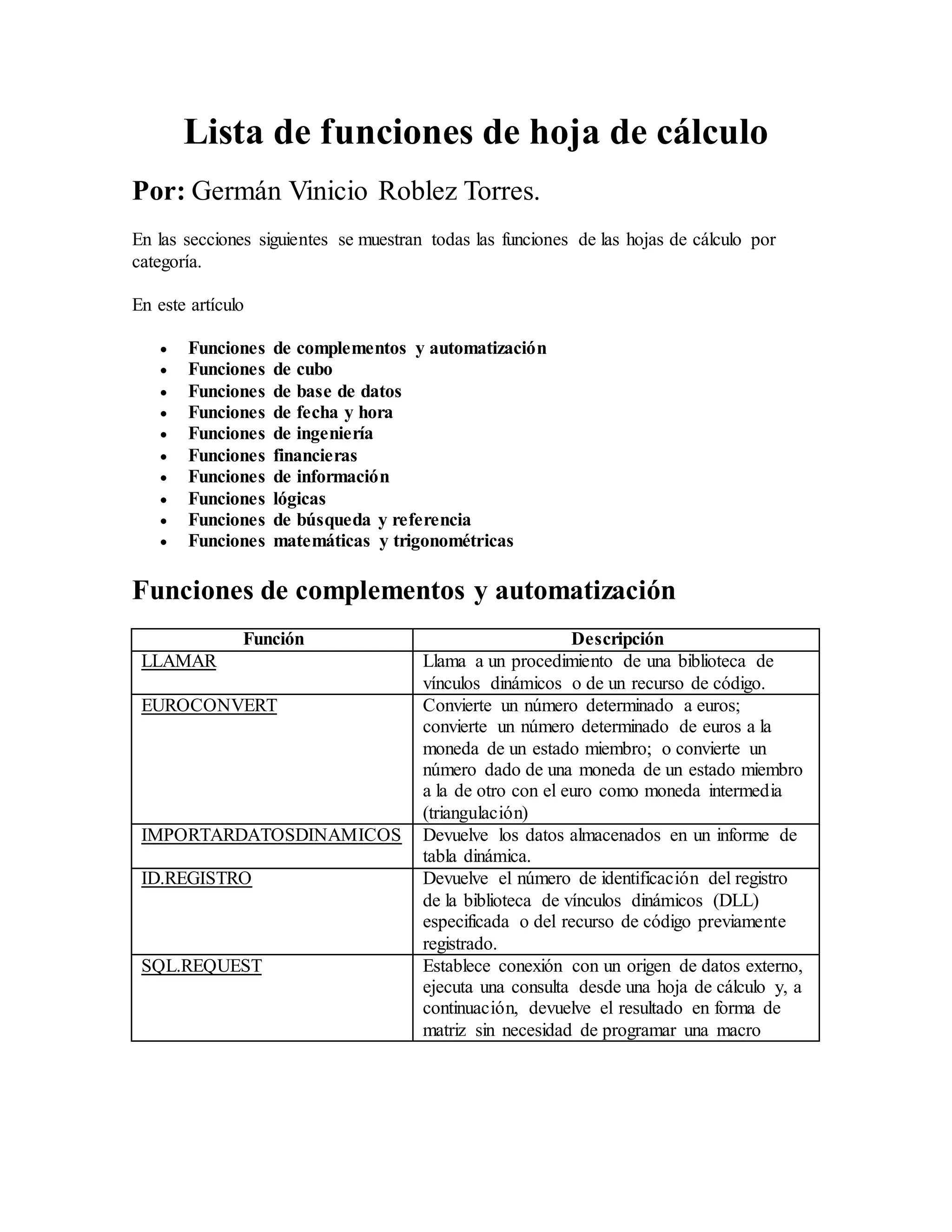 Lista de funciones de excel | DOCX