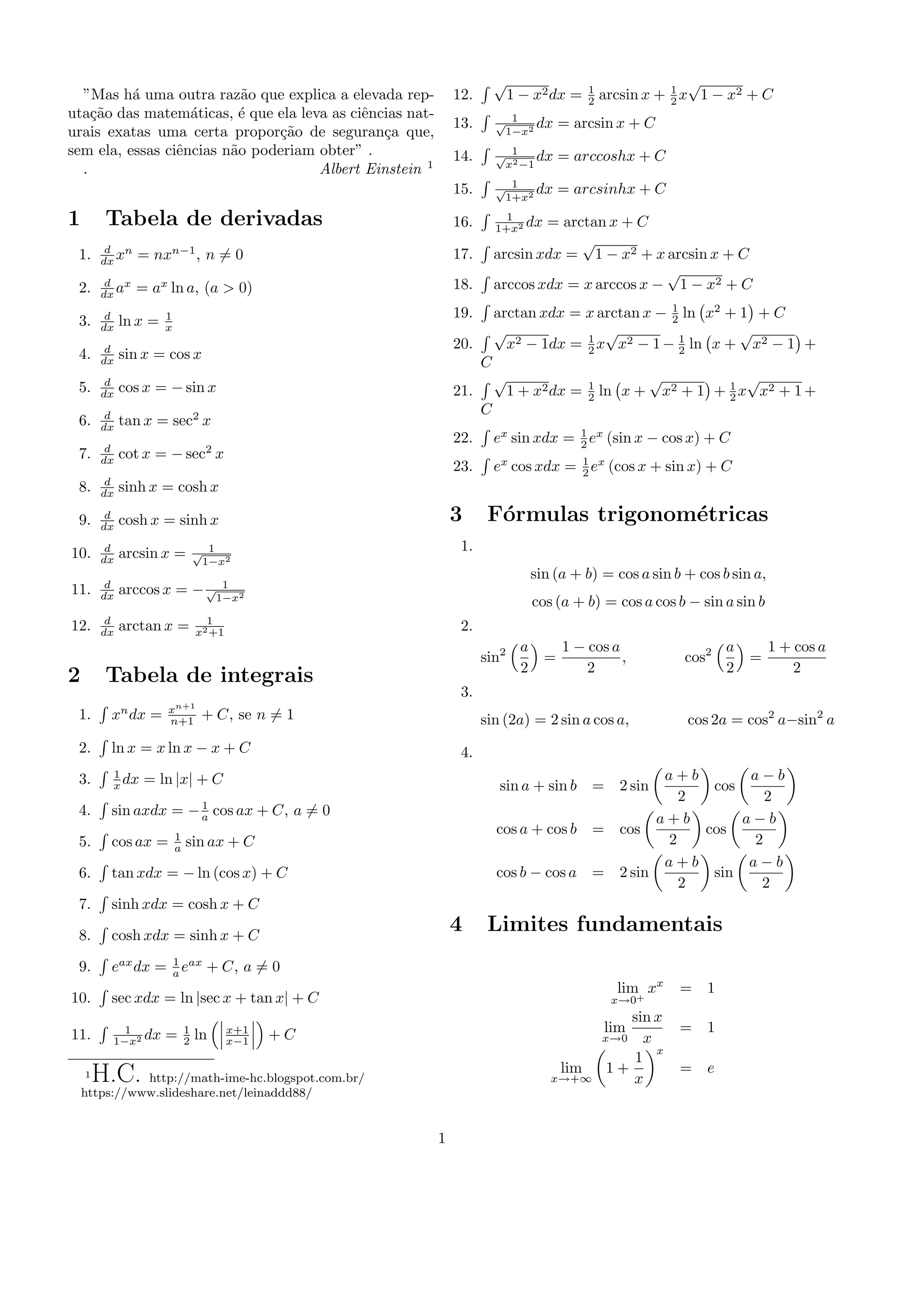 Lista de derivadas e integrais | PDF