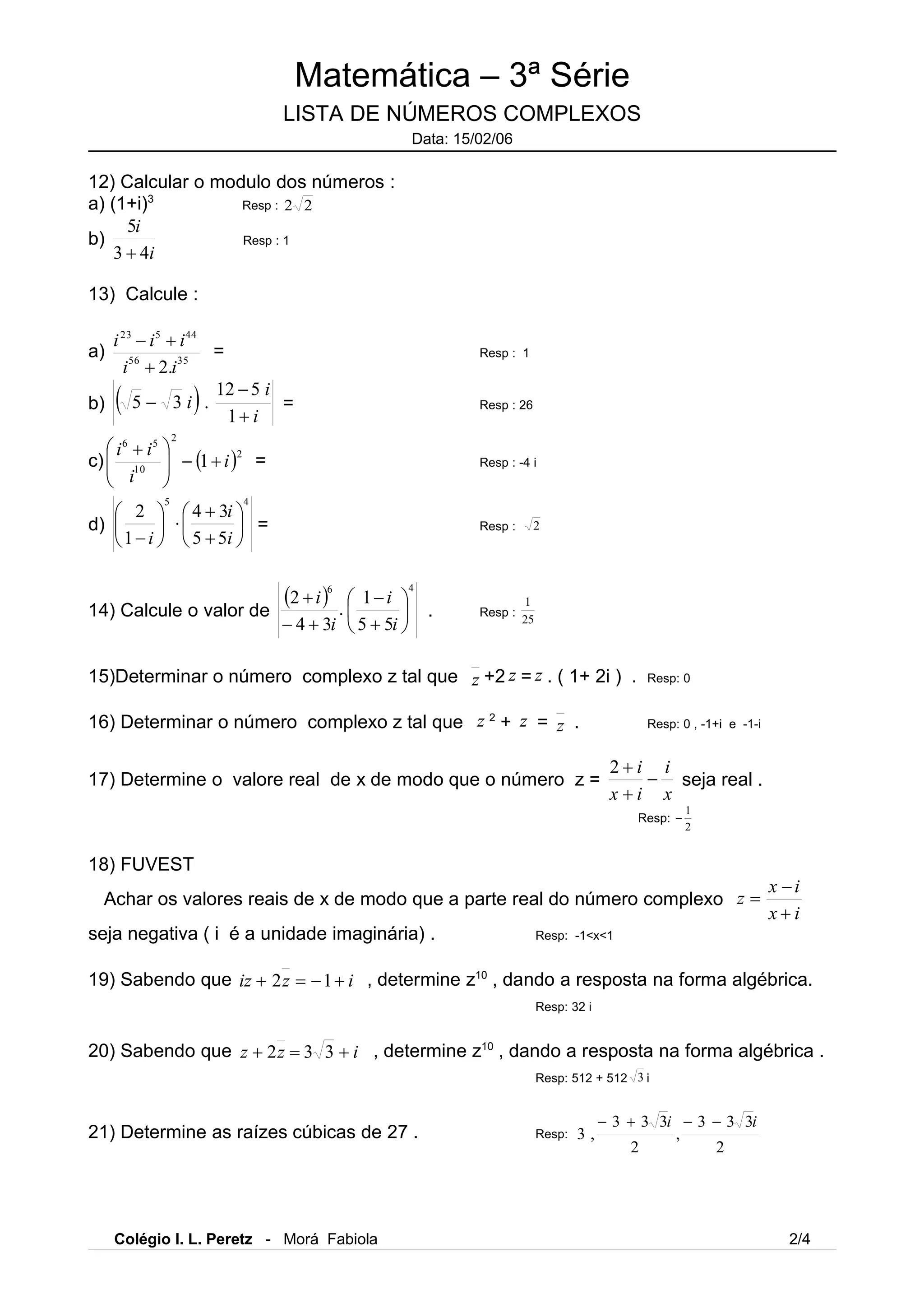 Lista de números complexos | PDF