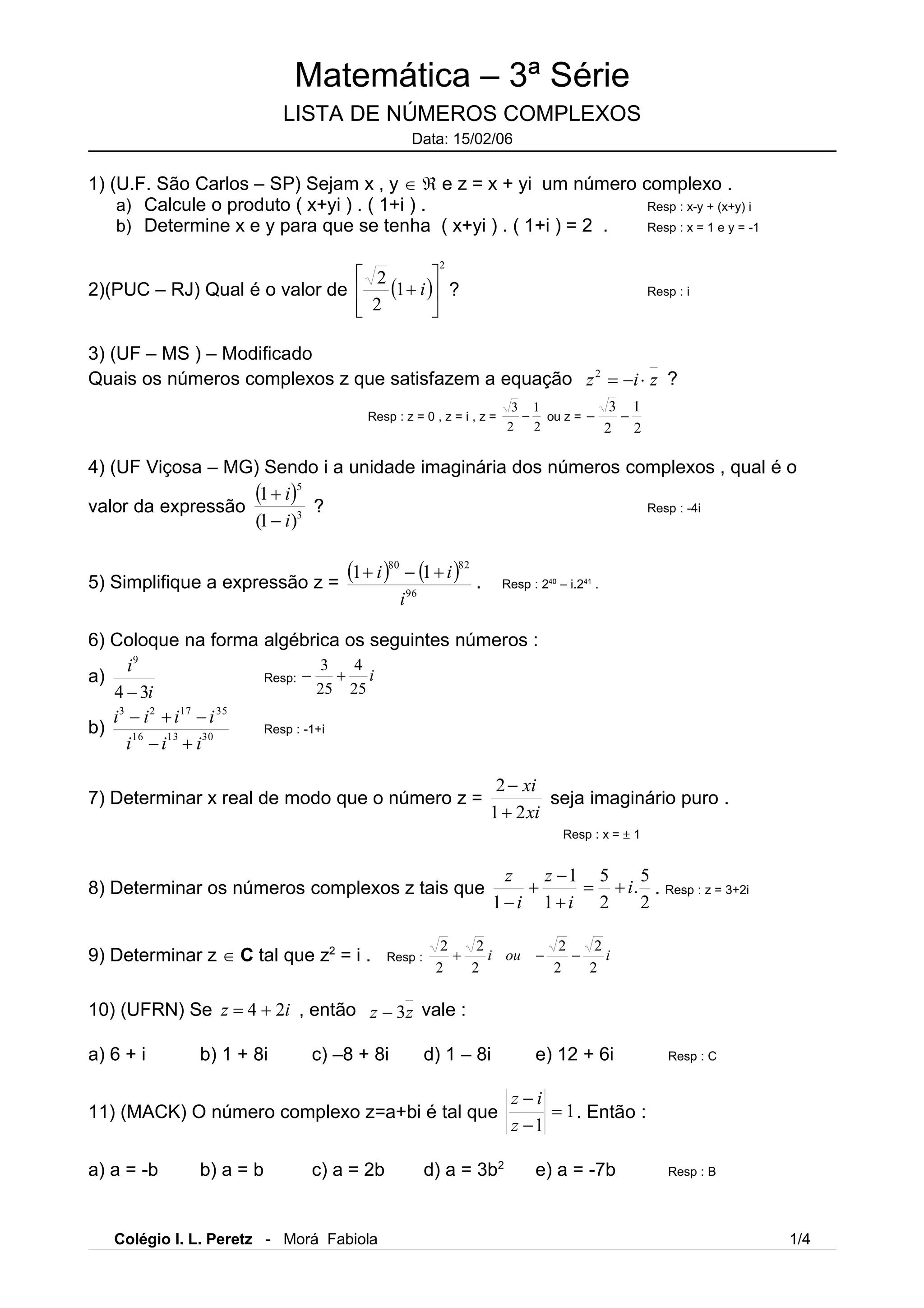 Lista De Exercícios Números Complexos Pdf - RETOEDU