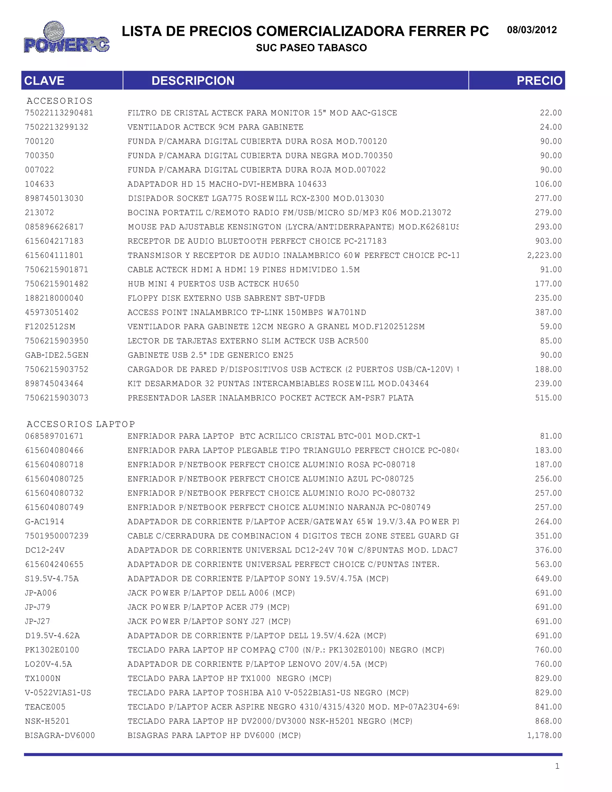 Lista de precios ferrer pc | PDF
