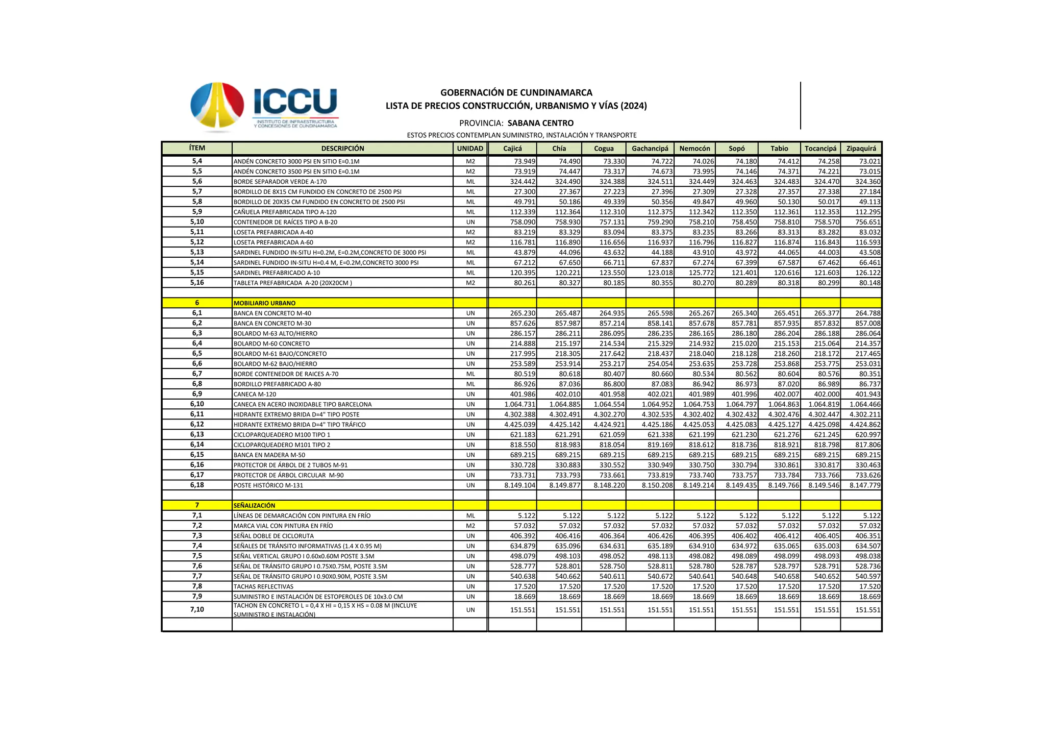 Lista de precios unitarios para Cundinamarca 2024 | PDF
