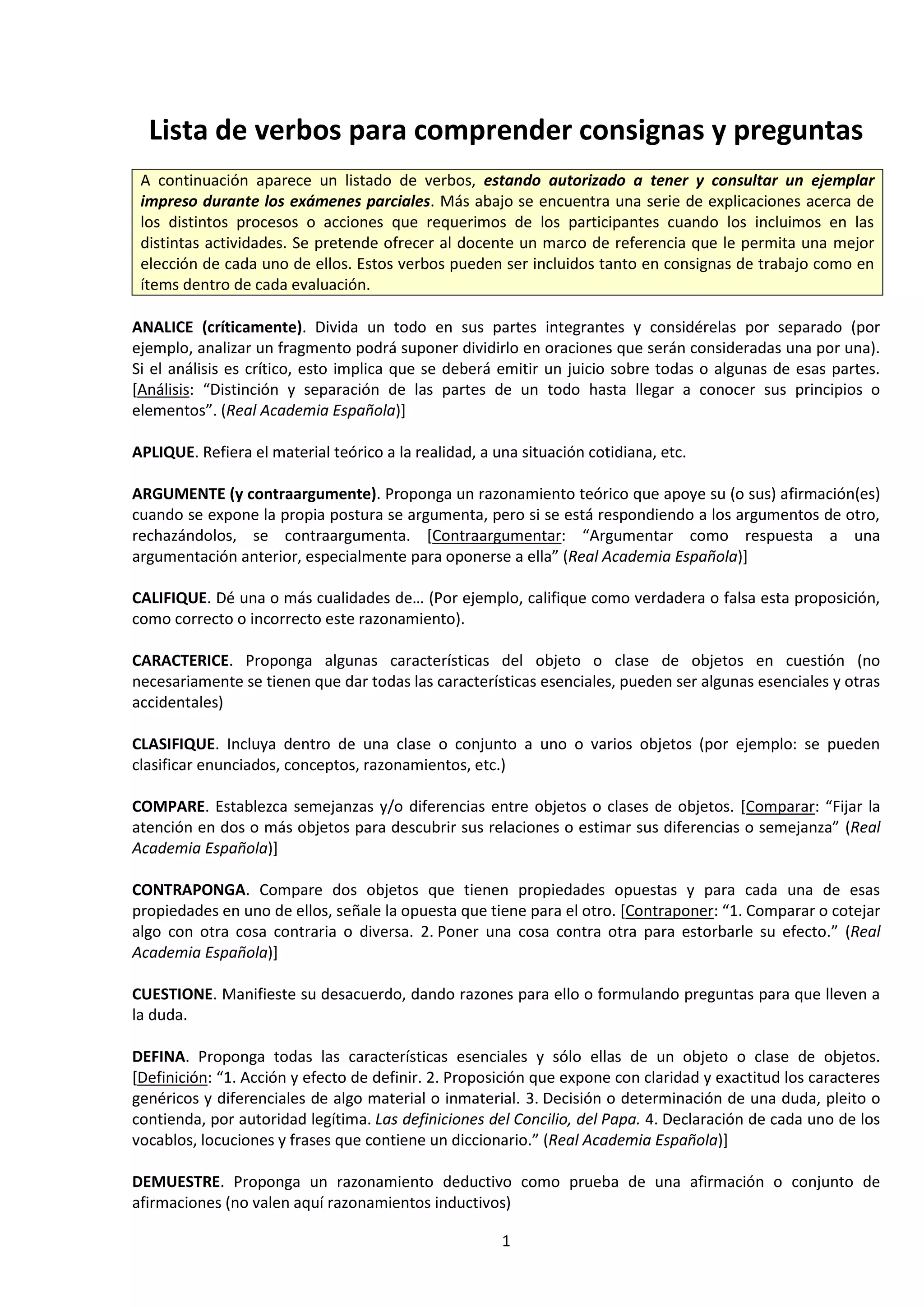 Lista de verbos para comprender consignas y preguntas | DOCX