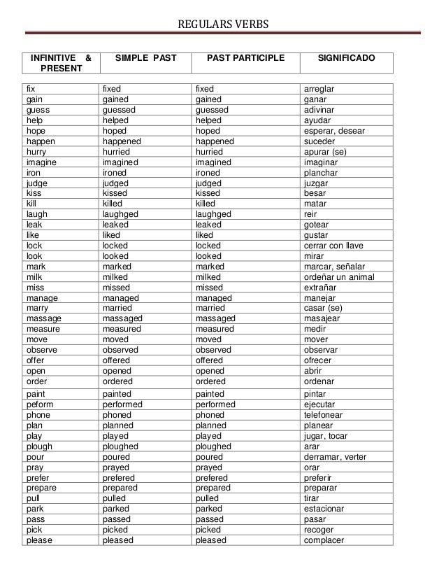 Lista de verbos regulares