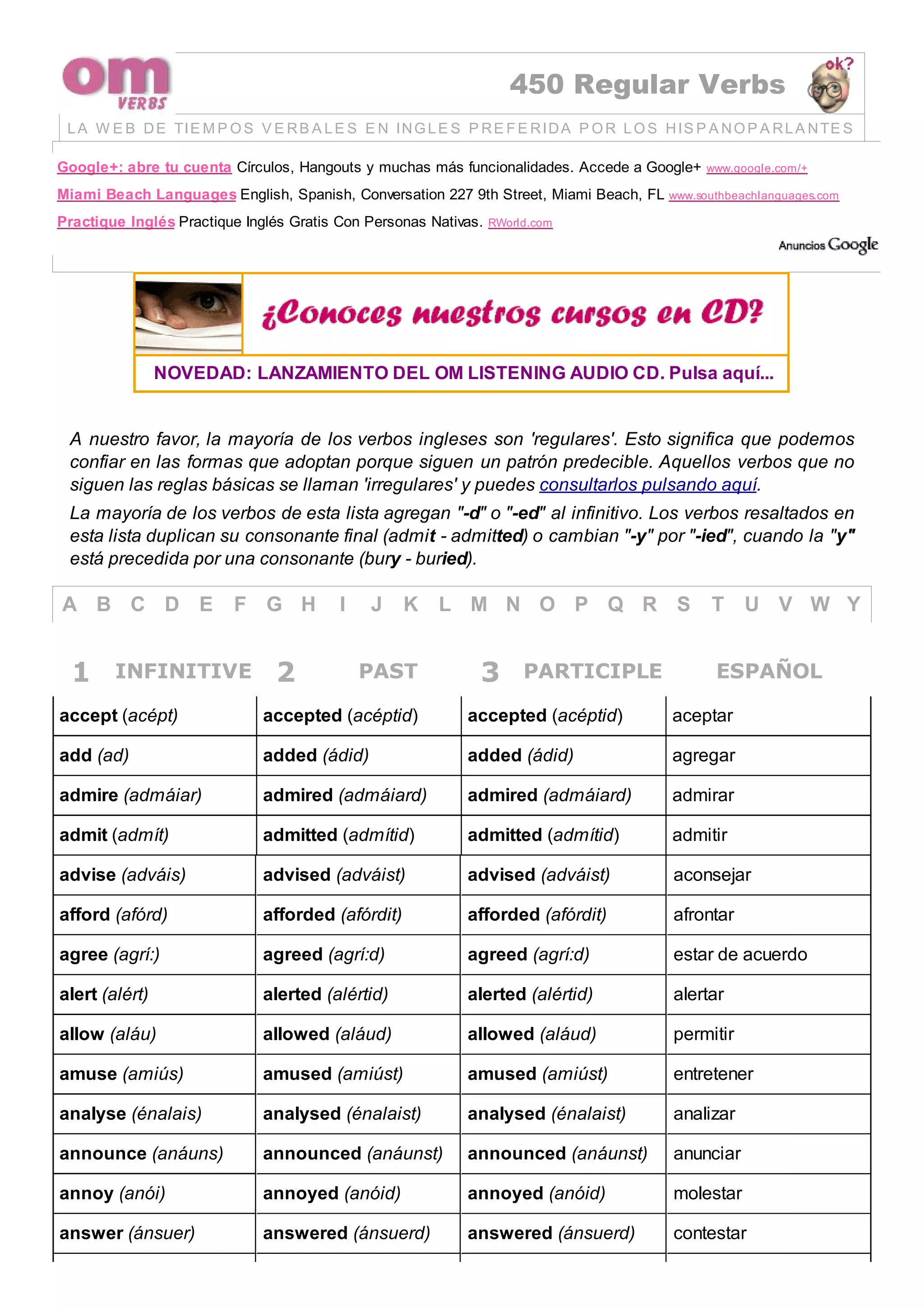 Lista de verbos regulares, regular verb list, pasado de los verbos ...