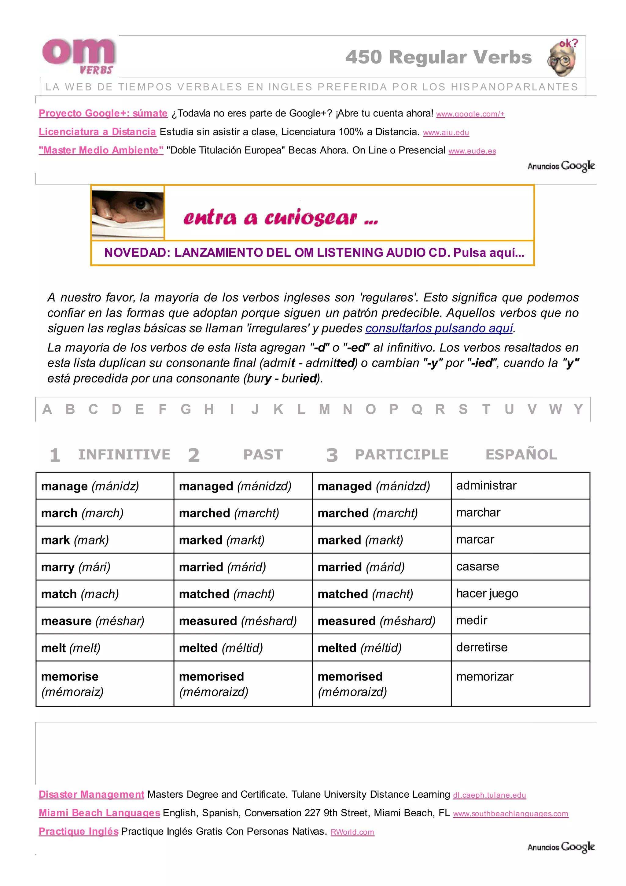 Lista de verbos regulares, regular verb list, pasado de los verbos ...