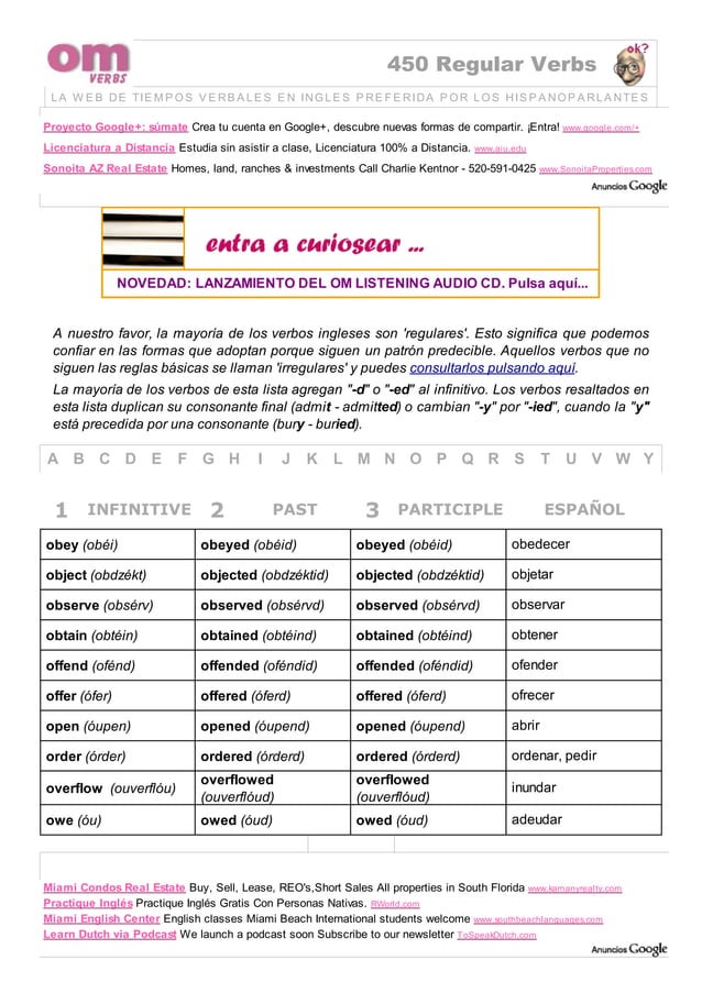 Lista de verbos regulares, regular verb list, pasado de los verbos ...