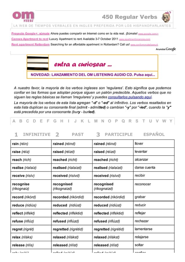 Lista de verbos regulares, regular verb list, pasado de los verbos ...