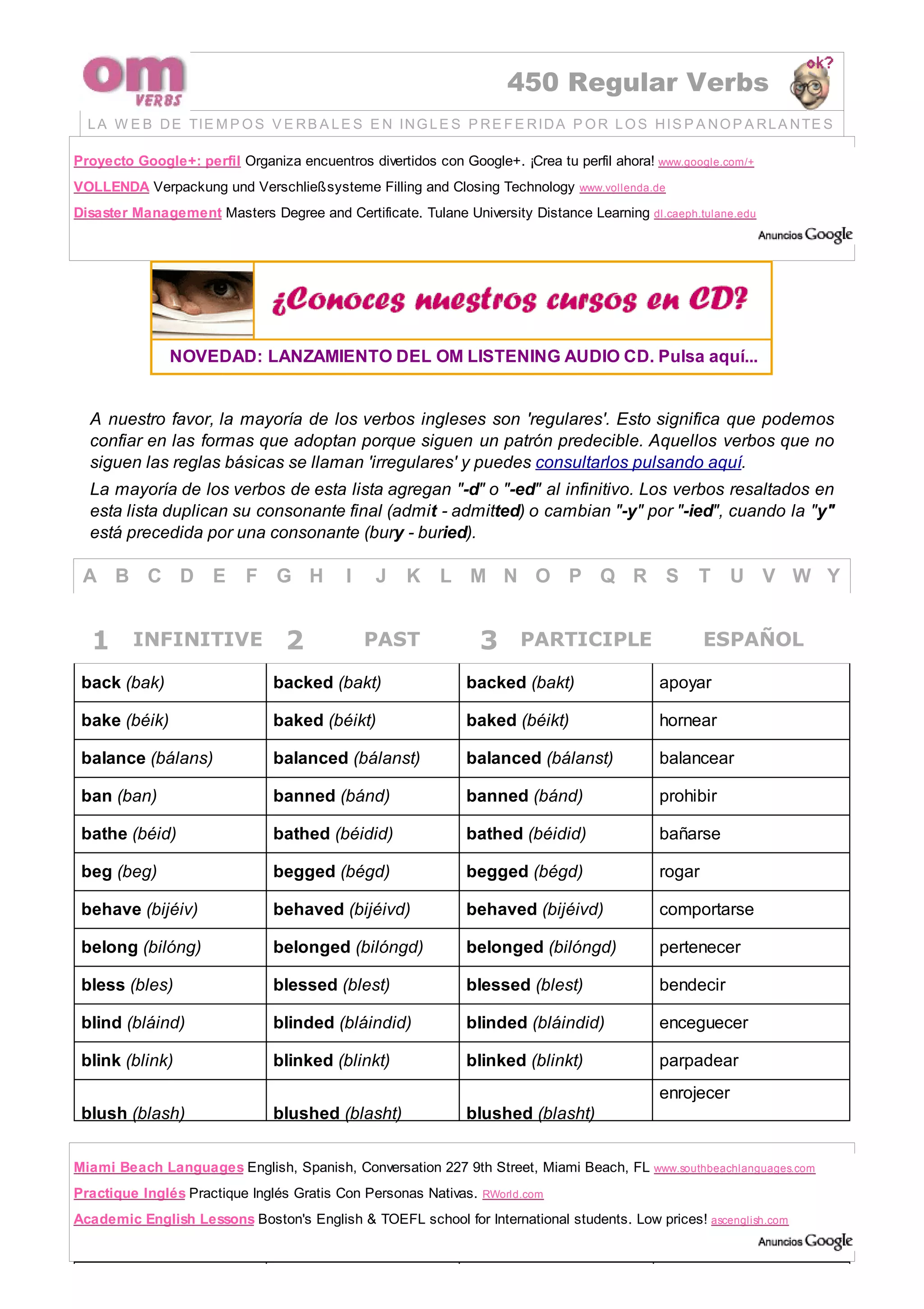 Lista de verbos regulares, regular verb list, pasado de los verbos ...