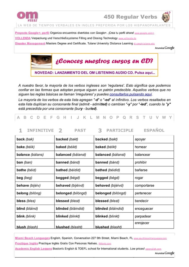 Lista de verbos regulares, regular verb list, pasado de los verbos ...