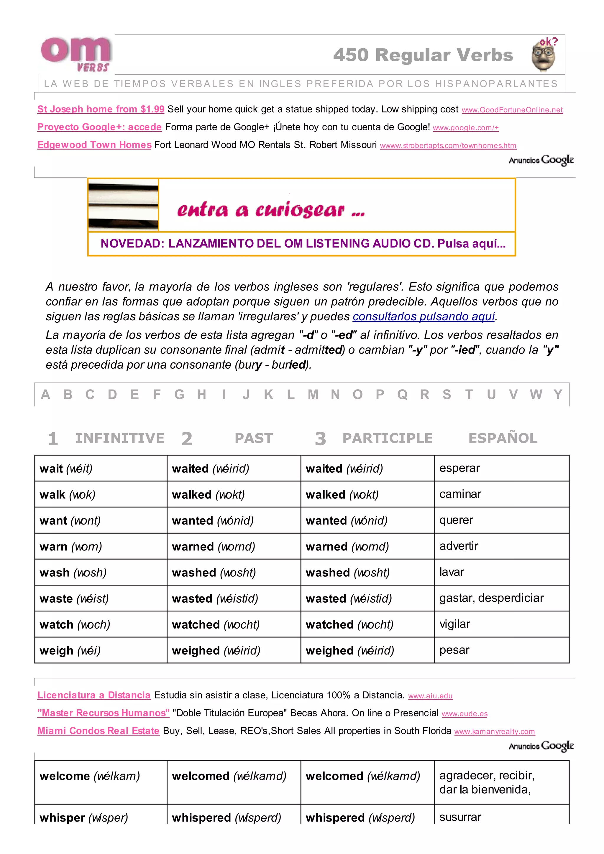 Lista de verbos regulares del ingles | PDF