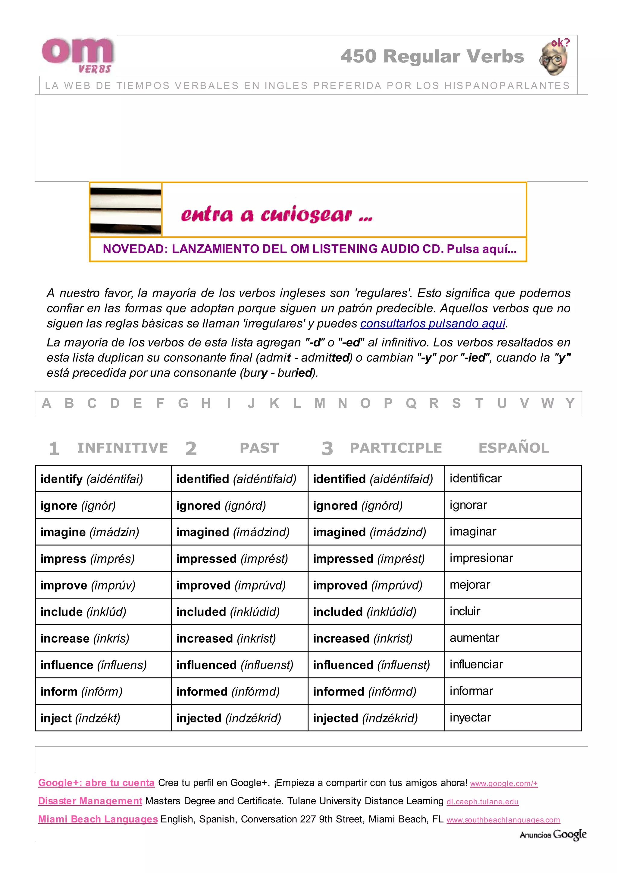 Lista de verbos regulares, regular verb list, pasado de los verbos ...