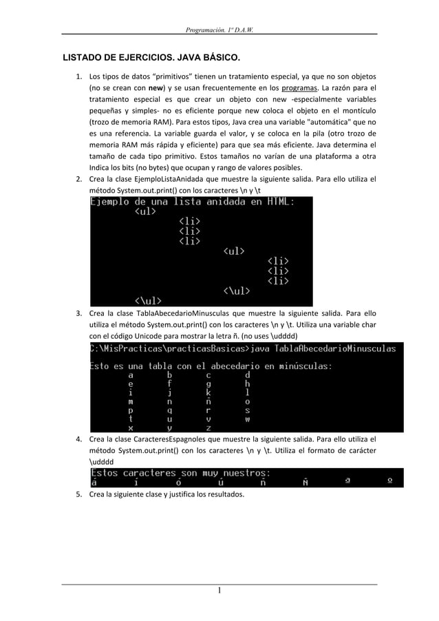 Ejercicios de Java Básico. Listado 1 de Ejercicios.Programación. | PDF