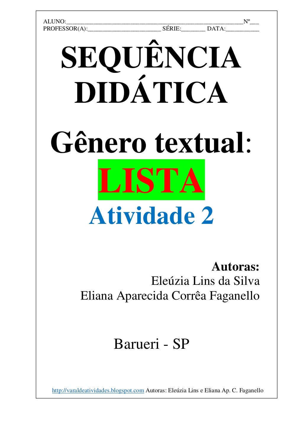 2ª Sequência Didática - Gênero textual: Lista