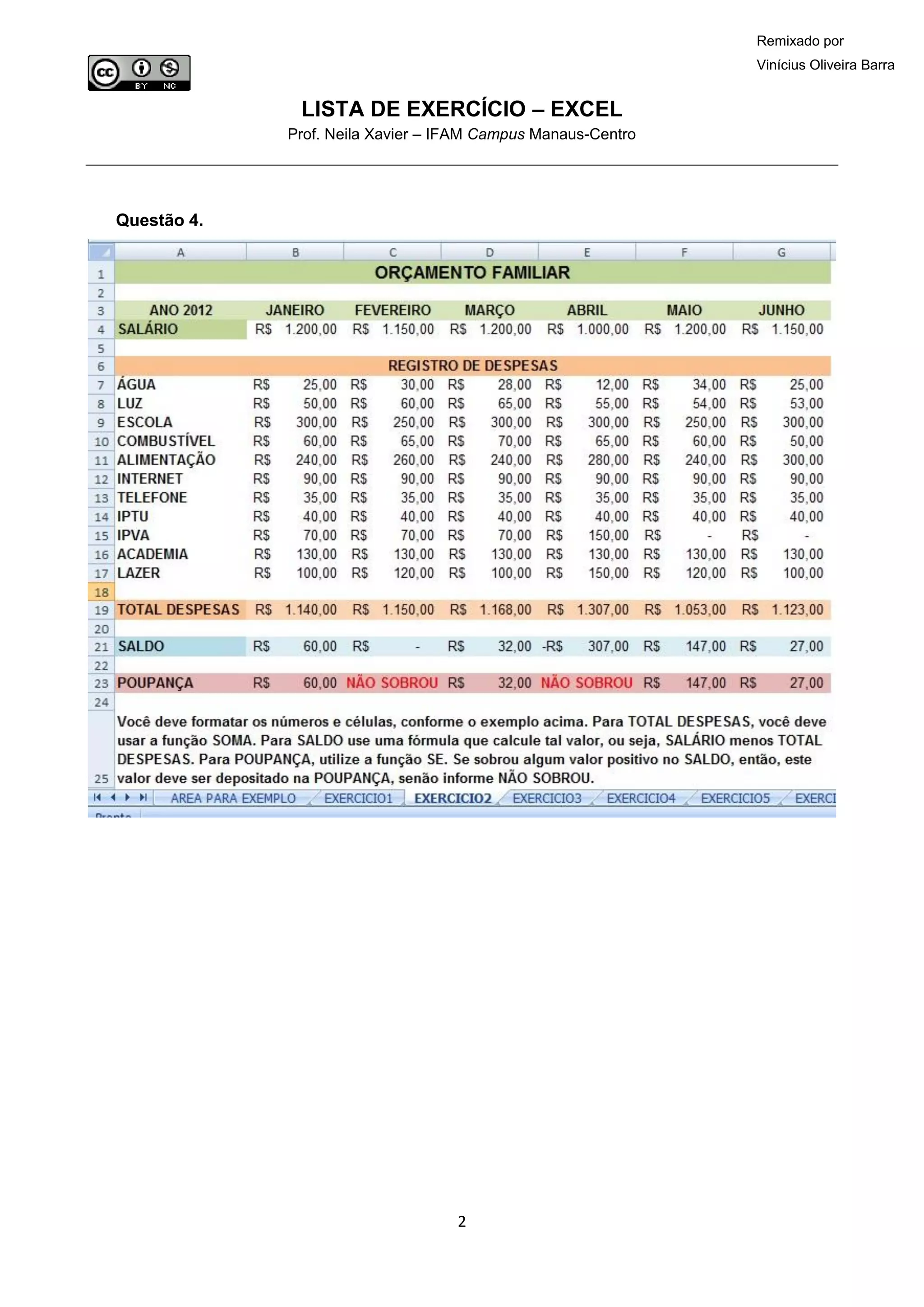 Lista de Exercícios - Excel | PDF