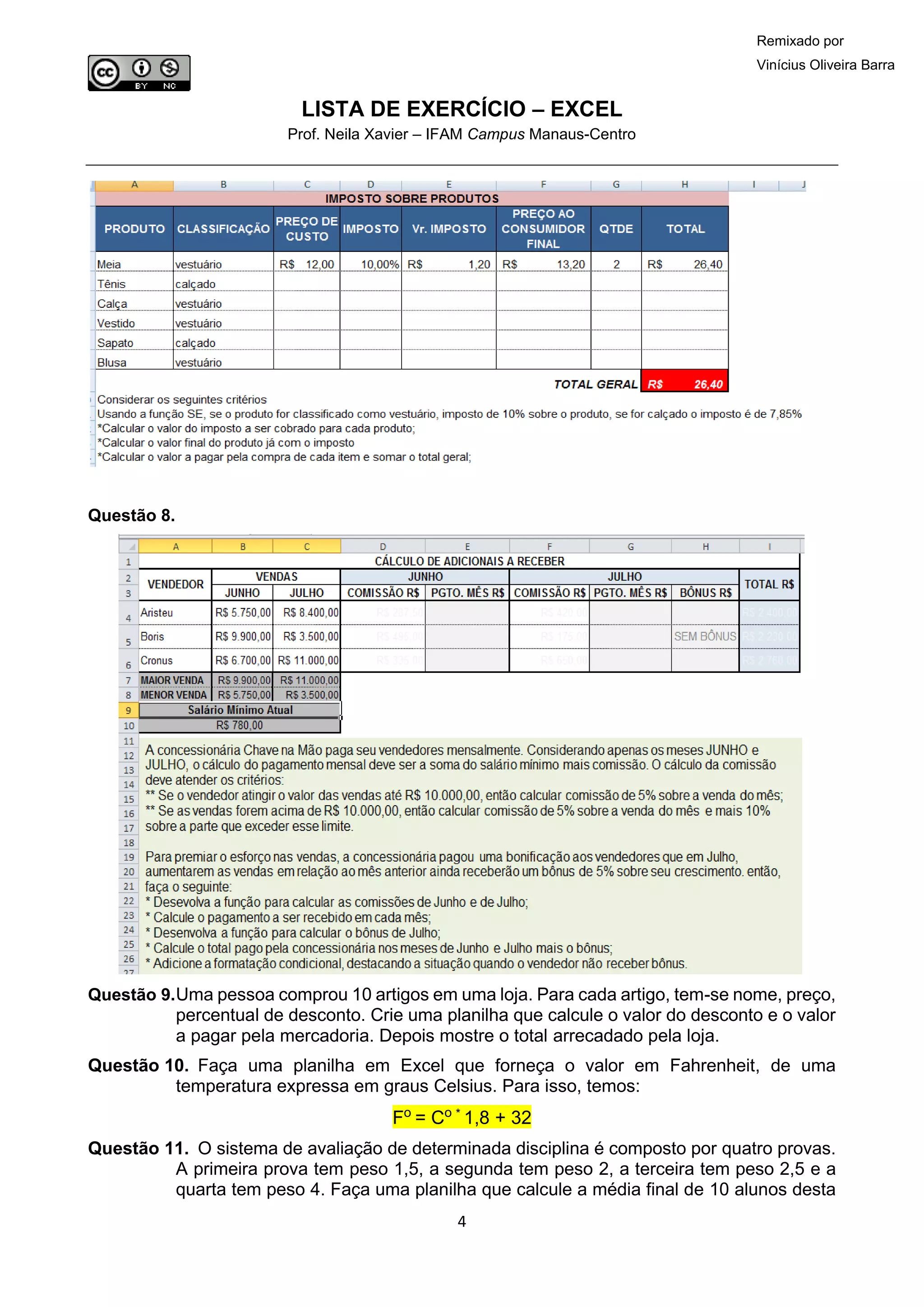 Lista de Exercícios - Excel | PDF