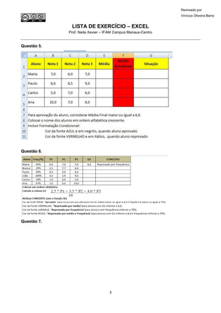 Lista de Exercícios - Excel | PDF