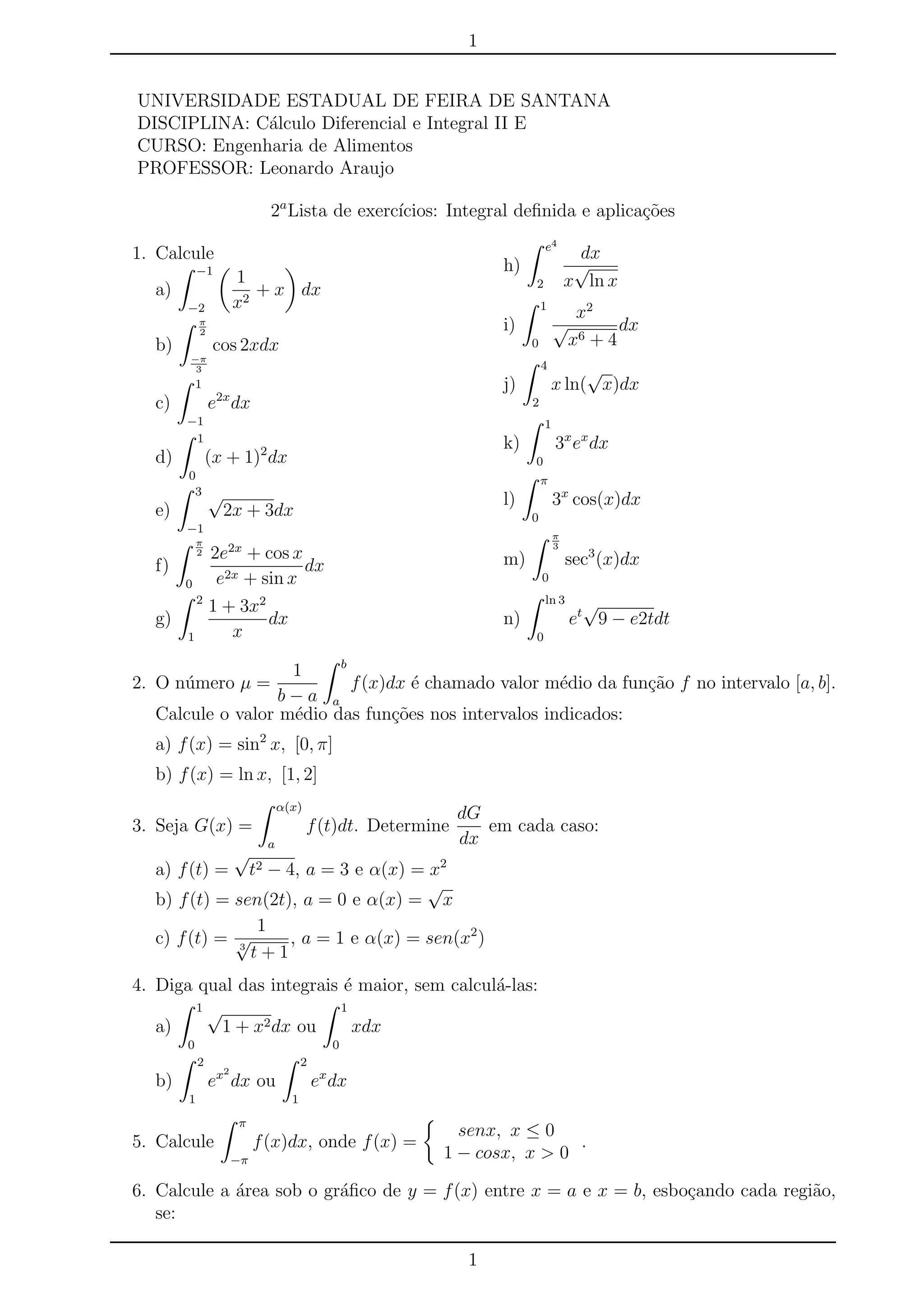 Lista exercicios 2 calculo 2 | PDF