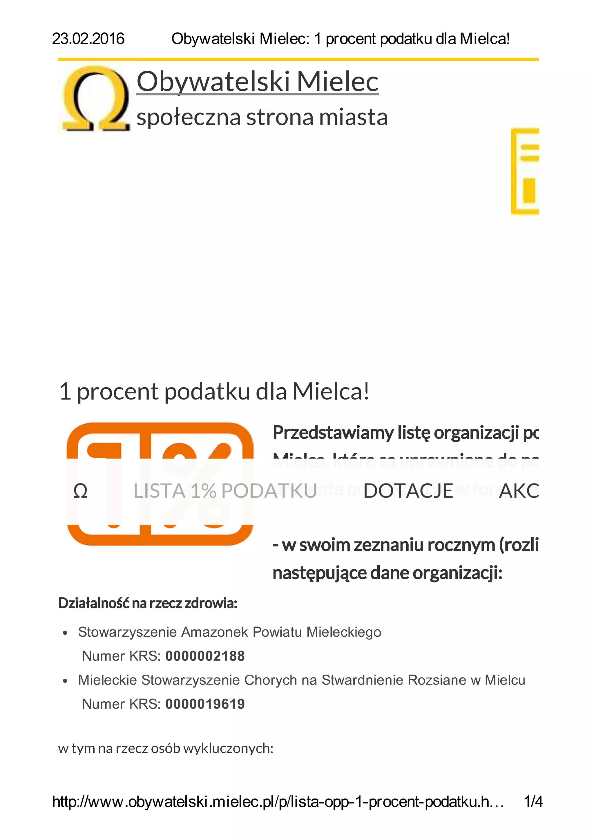 Lista krs 1 procent podatku pit 2016 spis OPP | PDF