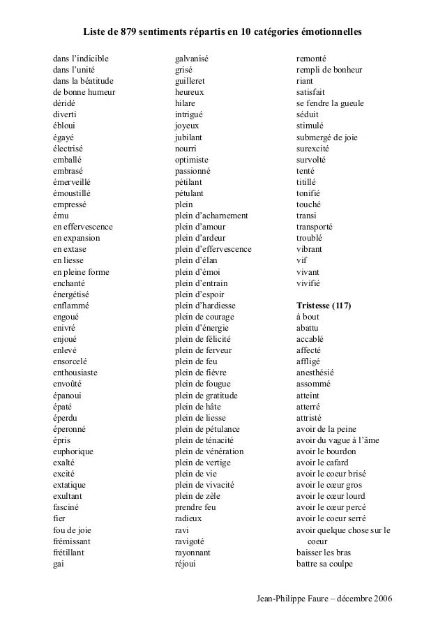 Liste des sentiments