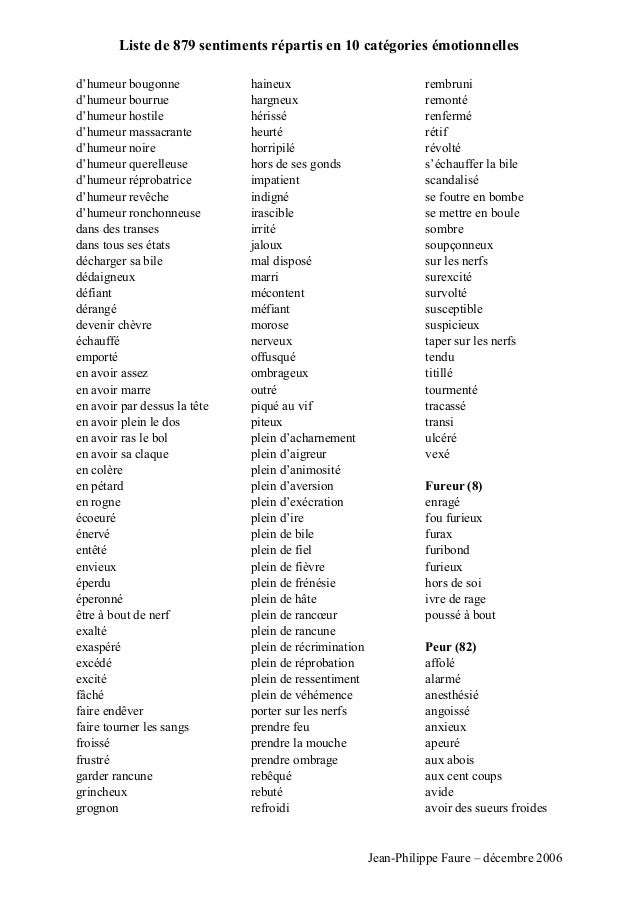 Liste des sentiments