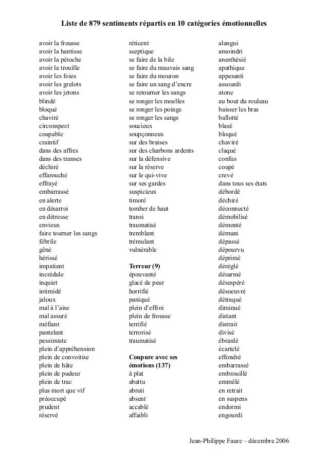 Liste des sentiments