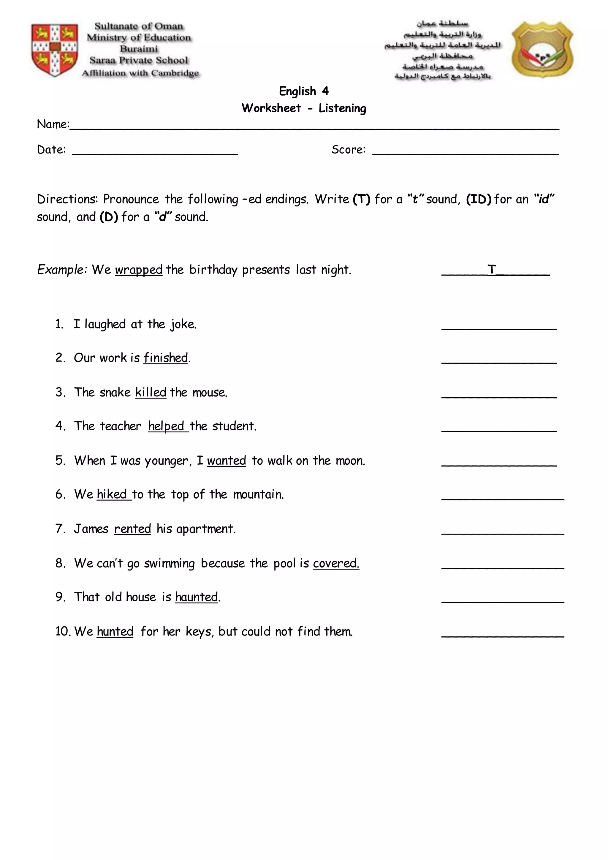 Listening worksheet (-ed endings) | DOCX