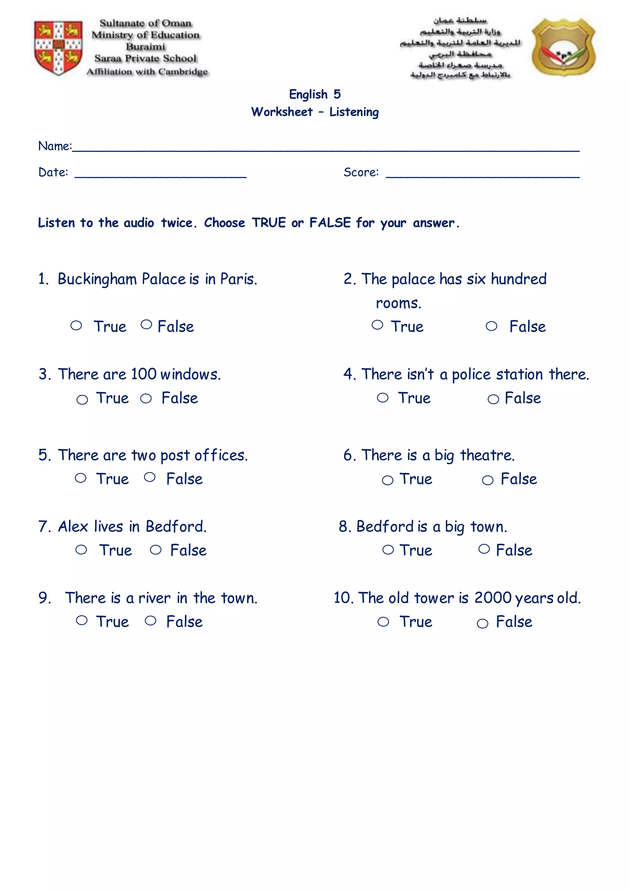 English Listening activity for Grade 5 | PDF