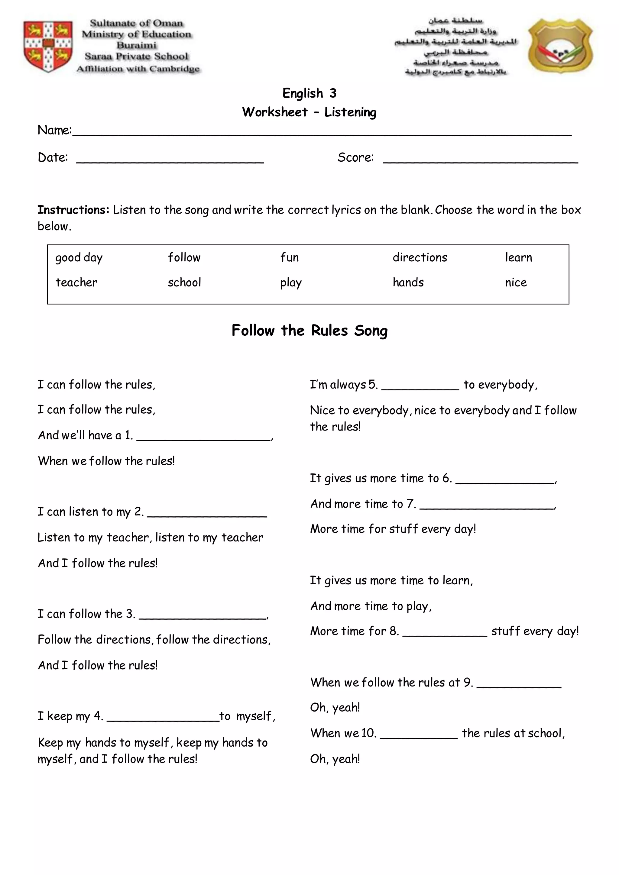 Listening worksheet - Follow the Rules Song | DOCX