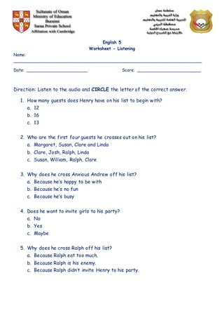 English Listening Activity for Grade 5 | DOCX