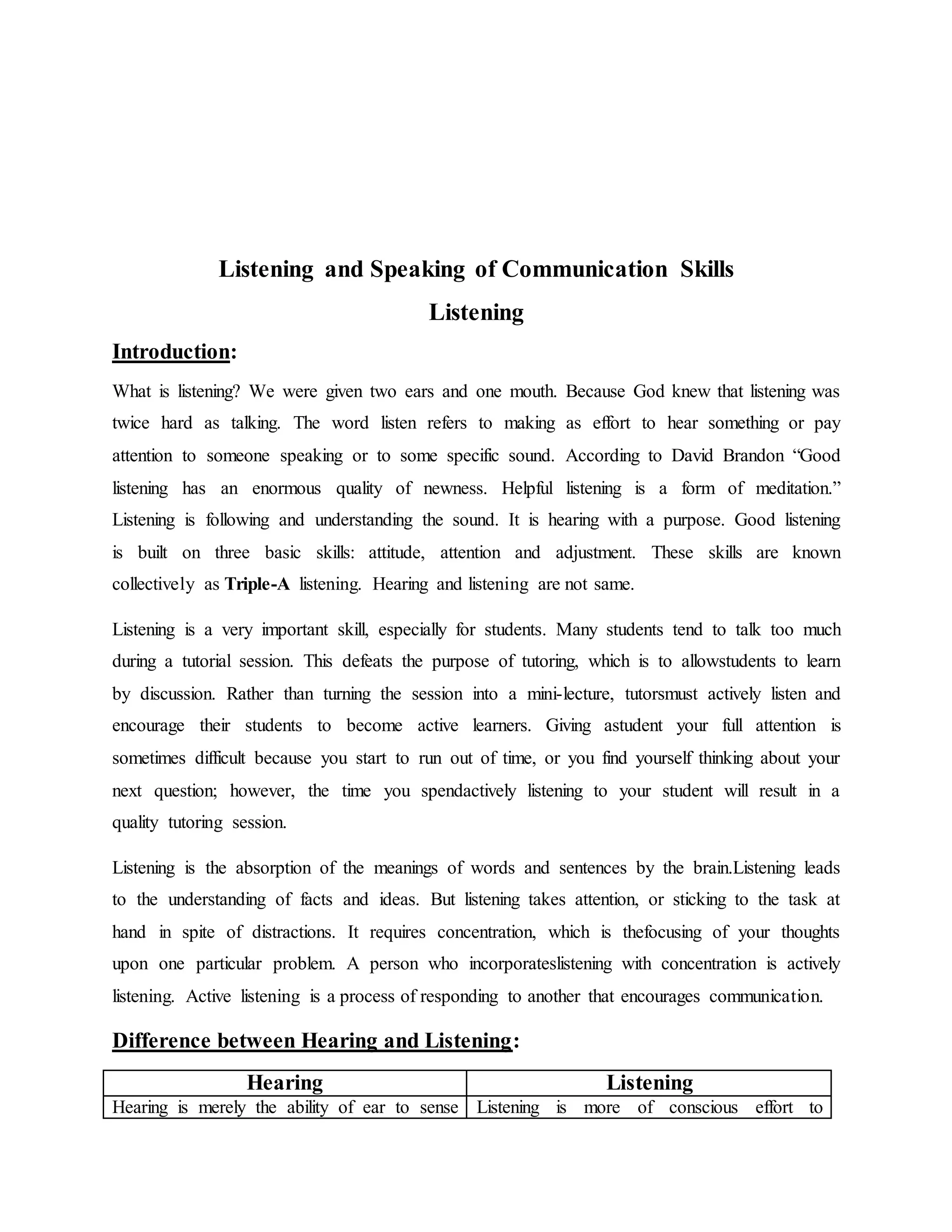 Listening and speaking of communication skills | DOCX