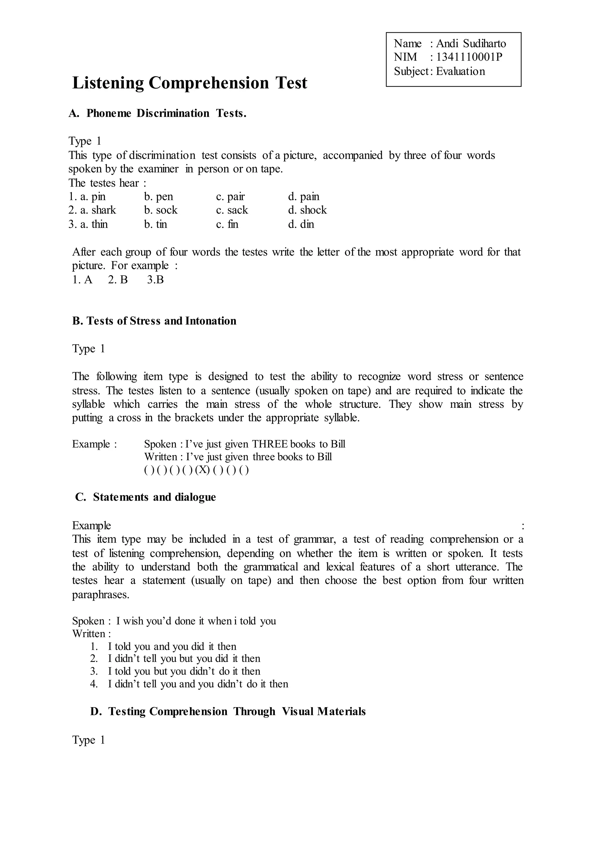Listening comprehension test | DOCX