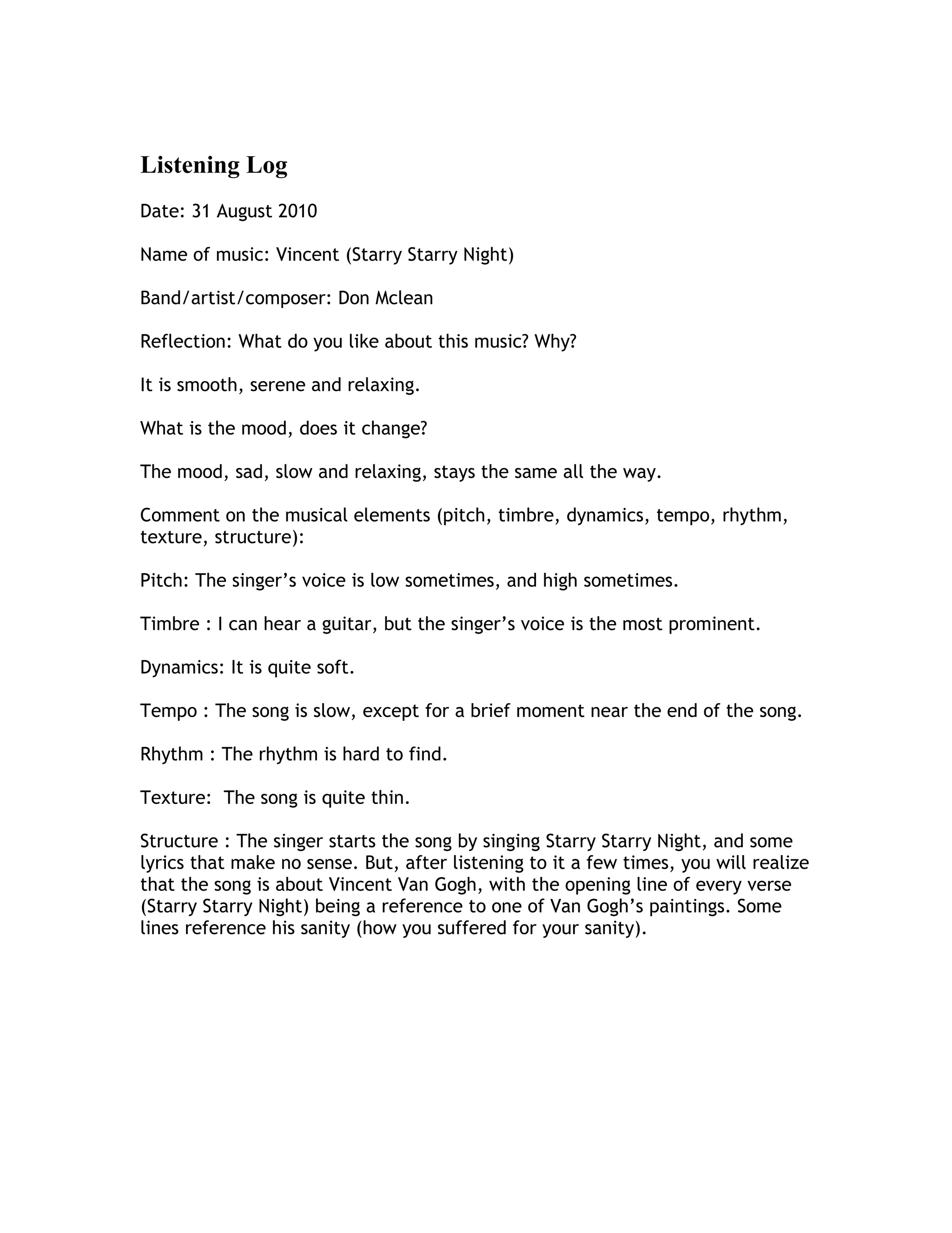 Listening log2 2010 | DOC
