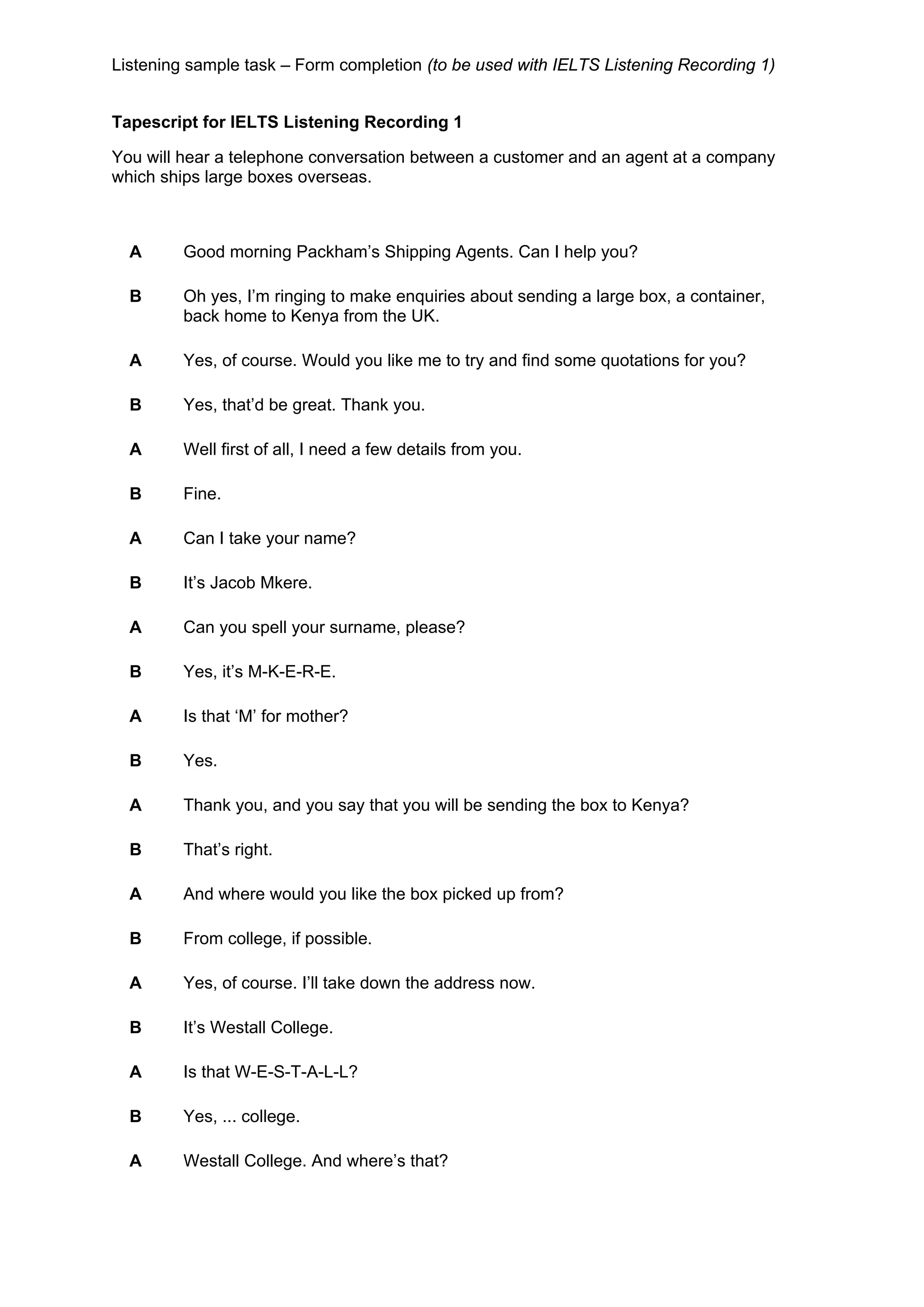 Listening sample task form completion | PDF